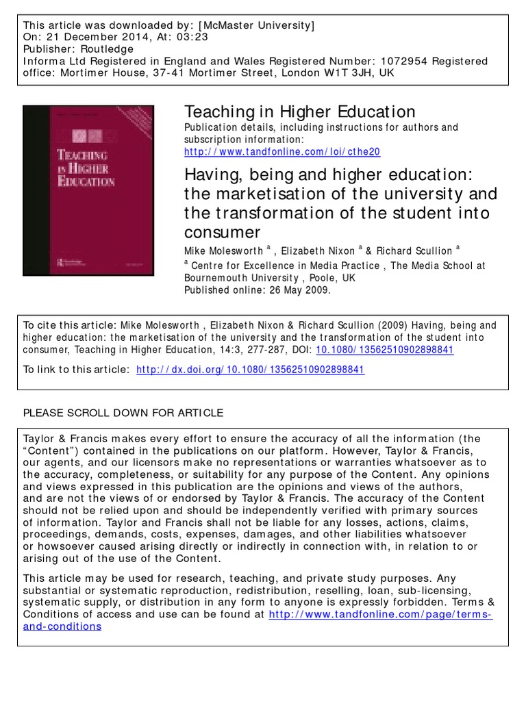 Having, Being and Higher Education - The Marketisation of The ...