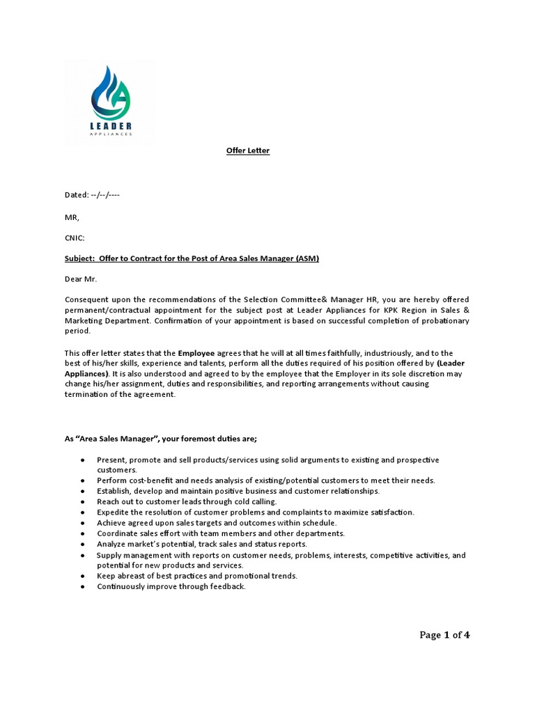 Offer Letter For LA ASM | PDF | Employment | Salary