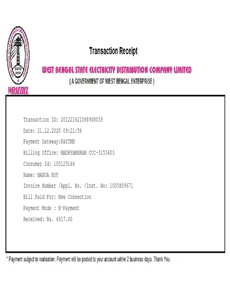 Wbsedcl Payment Receipt | PDF
