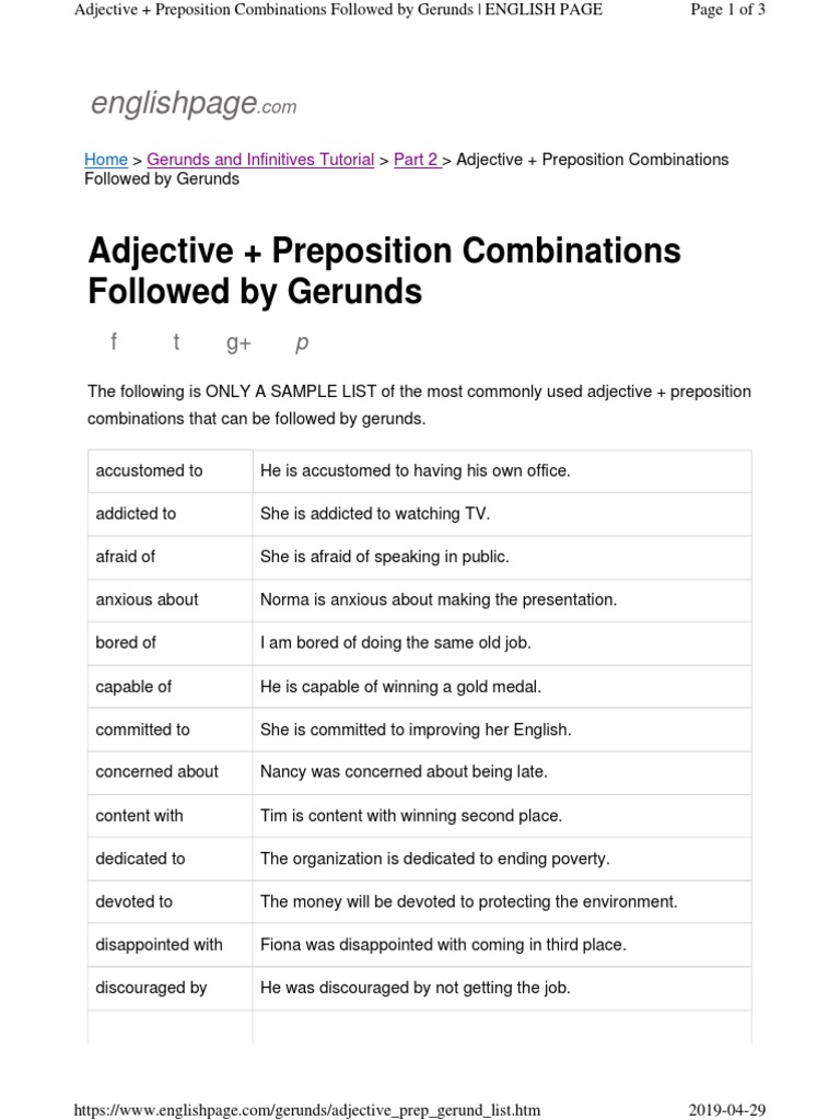 Adjective + Preposition Combinations Followed by Gerunds | PDF | Verb | English Language