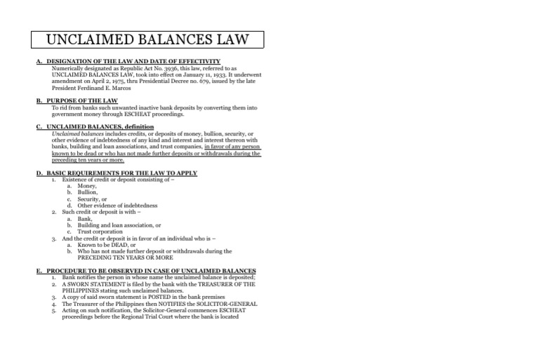 Unclaimed Balances Law Overview | PDF