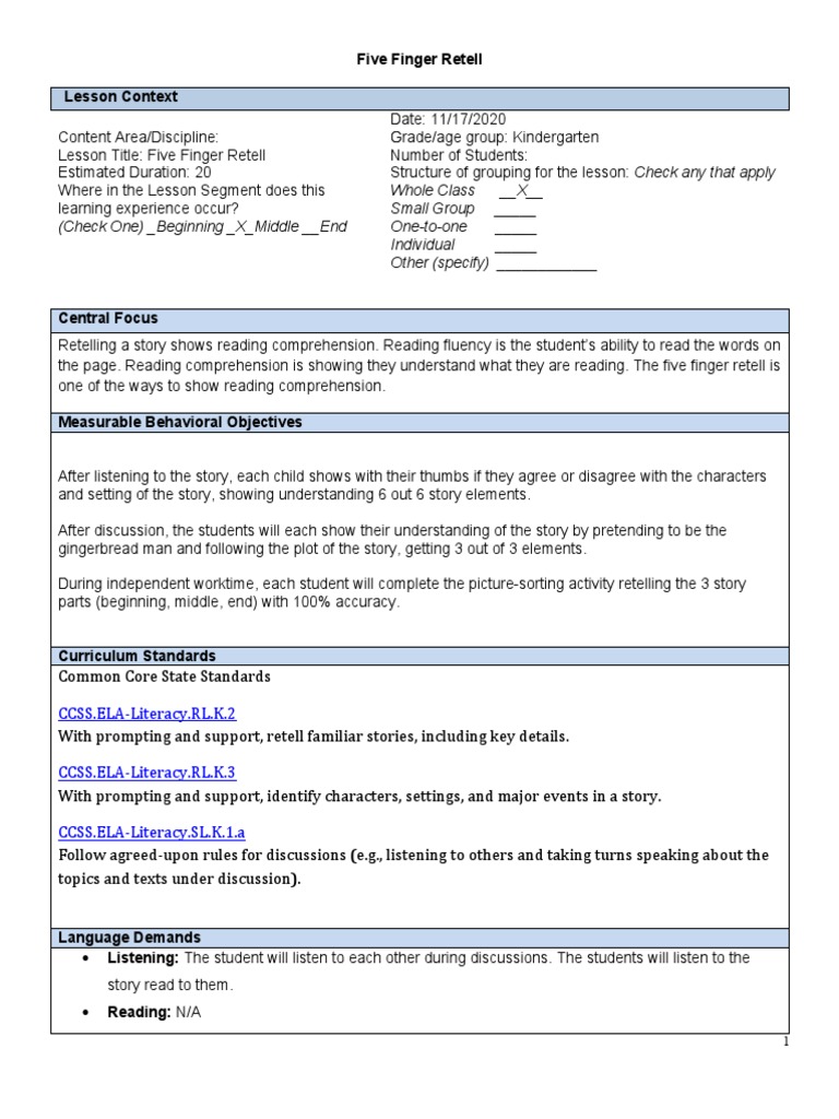 Kindergarten Retelling | PDF | Common Core State Standards Initiative ...