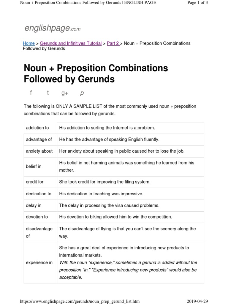 Noun + Preposition Combinations Followed by Gerunds | PDF | English ...