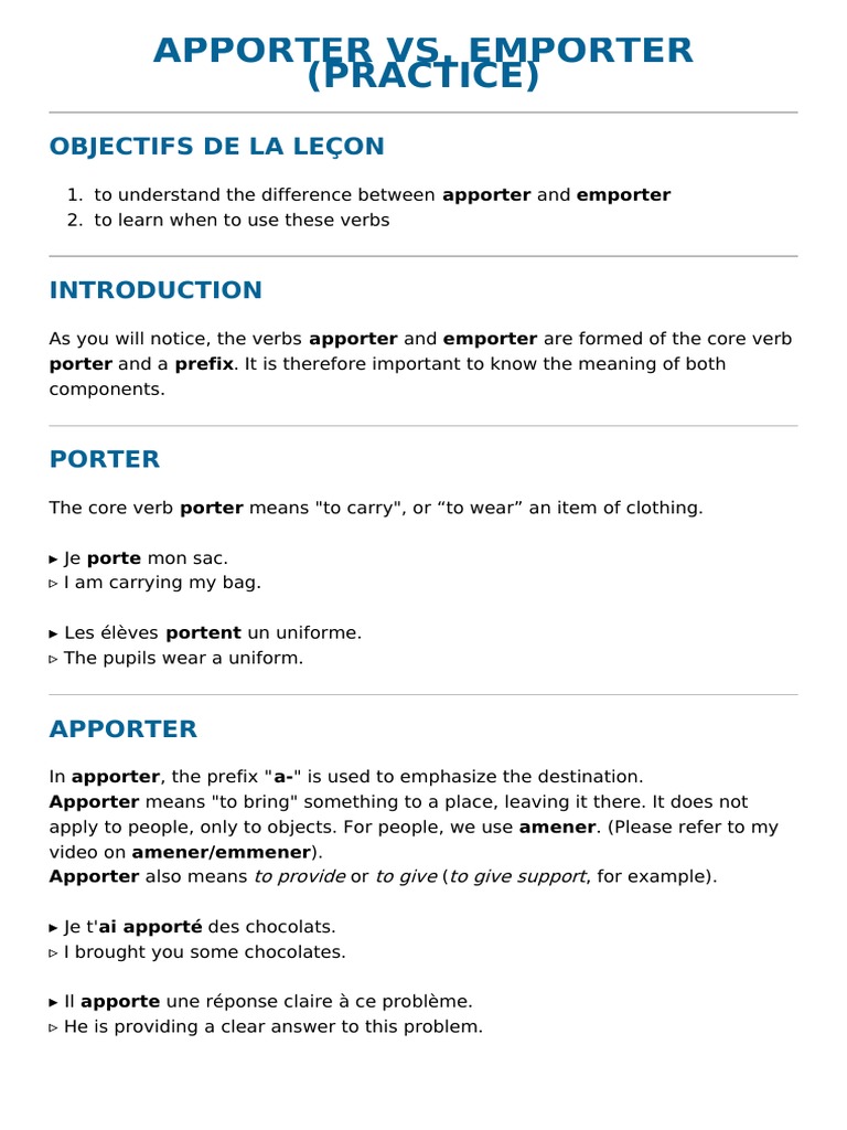 Apporter Vs Emporter Worksheet | PDF | Language Arts & Discipline
