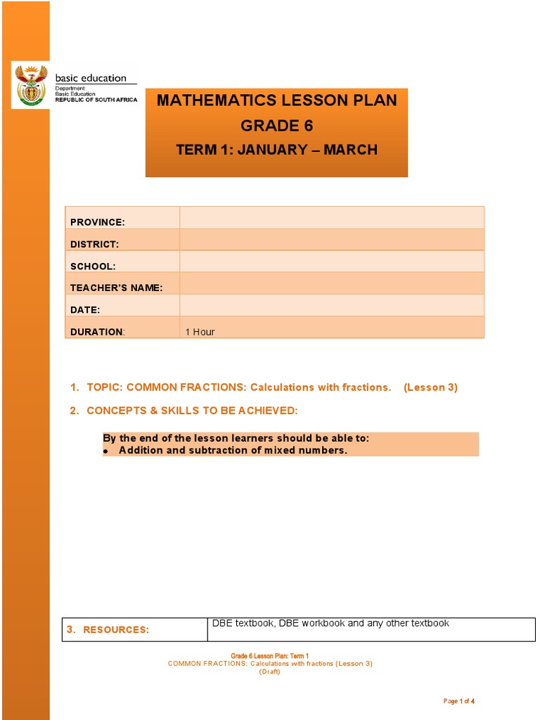 Grade 6 Term 1 Common Fractions Lesson 3 2 | PDF | Textbook | Lesson Plan