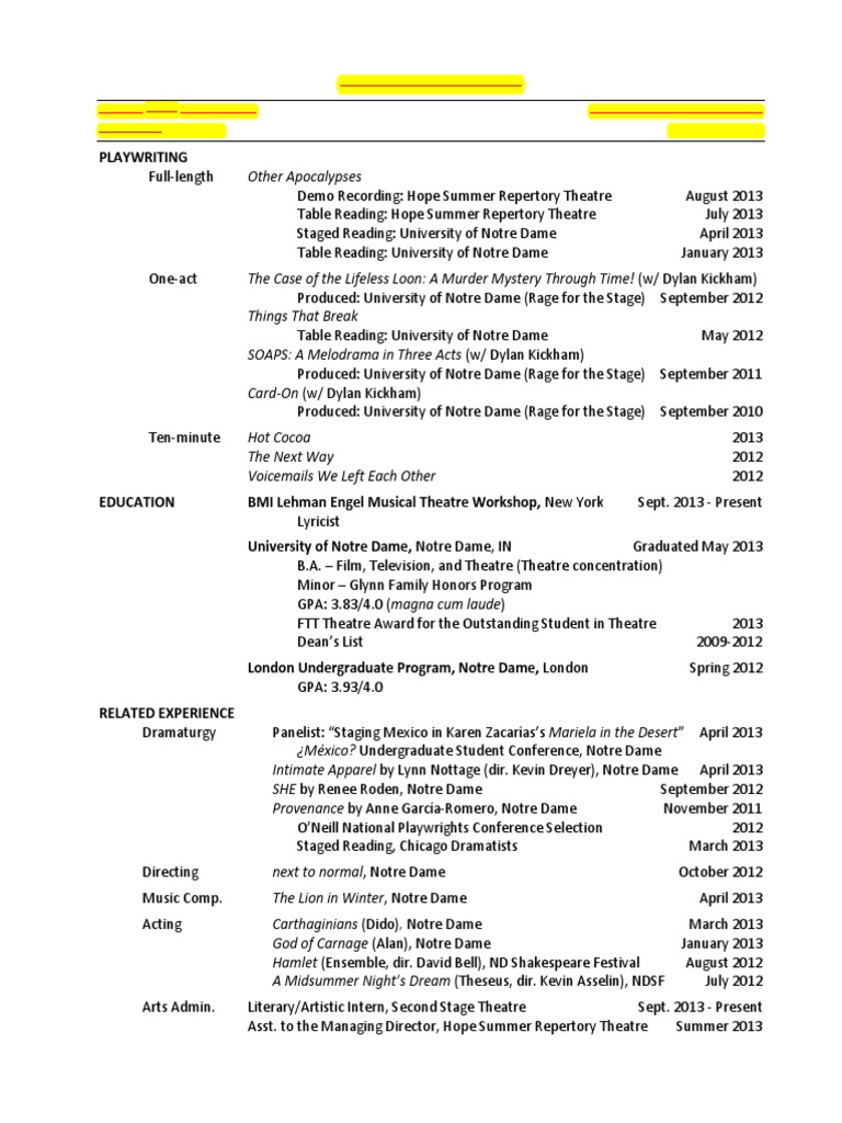 Sample Playwriting Resume | Download Free PDF | Dramatists And ...