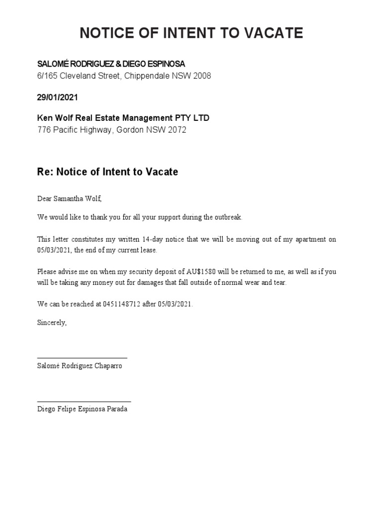 Sample Letter Notice of Intent To Vacate | PDF