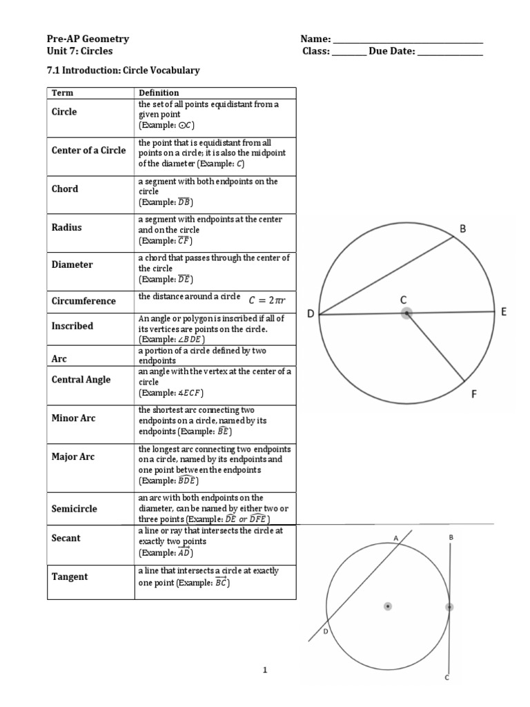 7.1 Circle Vocab and Radians Notes-Blank | PDF | Circle | Angle