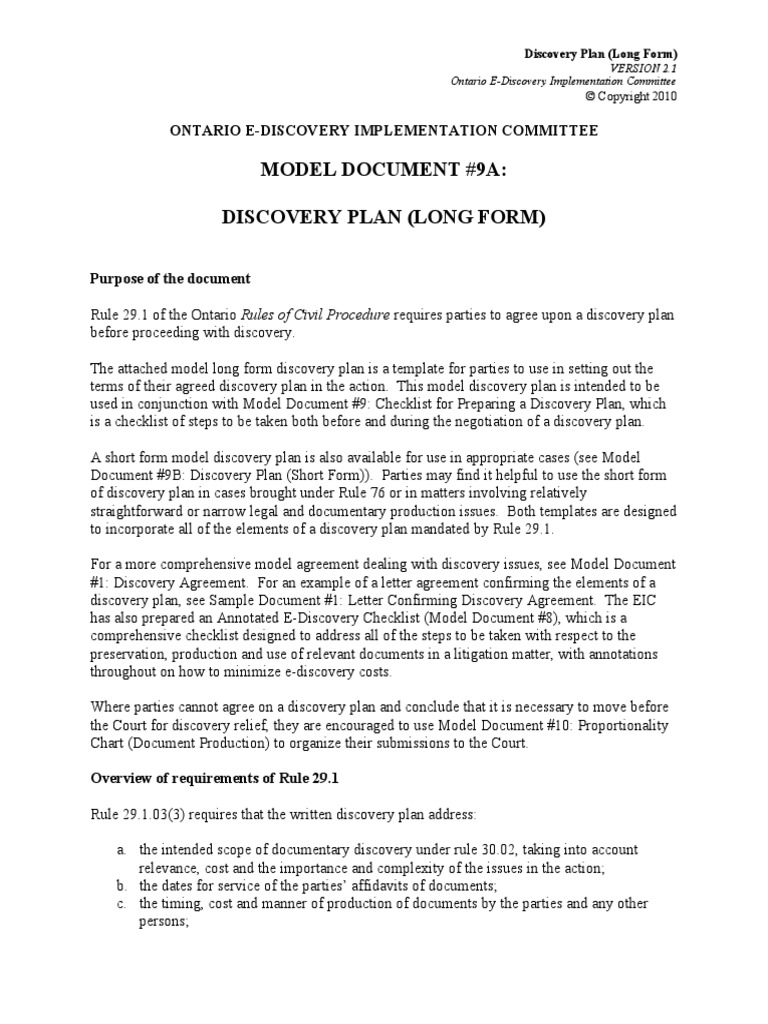 Model Document #9A: Discovery Plan (Long Form) : Ontario E-Discovery ...