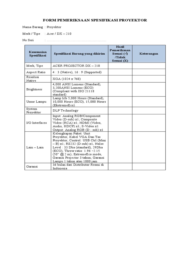 Projector Specification Checklist | PDF