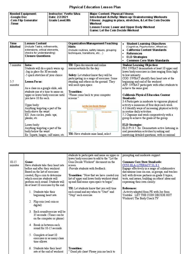 Physical Education Lesson Plan | PDF | High Intensity Interval Training ...