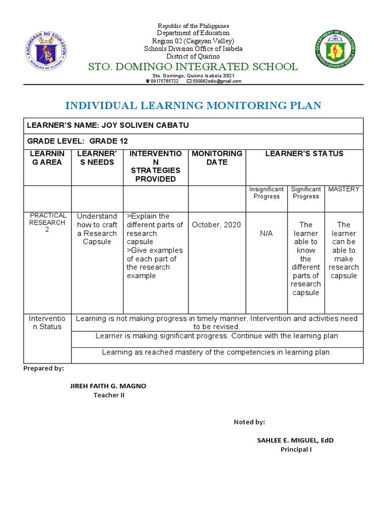 Individual Monitoring Plan | PDF | Teaching | Learning