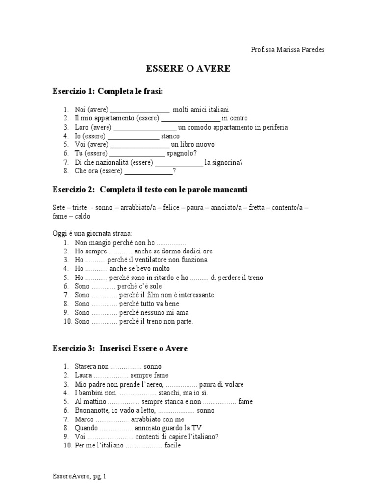ESSERE AVERE - Esercizi in Classe | PDF