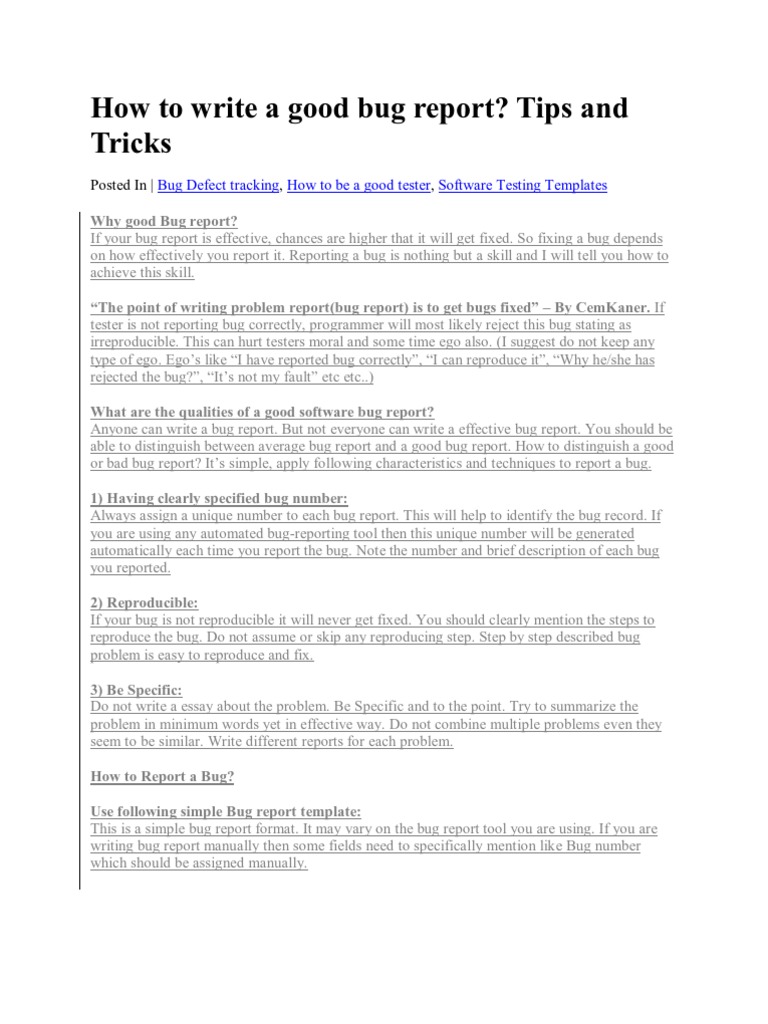 How To Write A Good Bug Report Pdf Software Bug Software Testing 8701