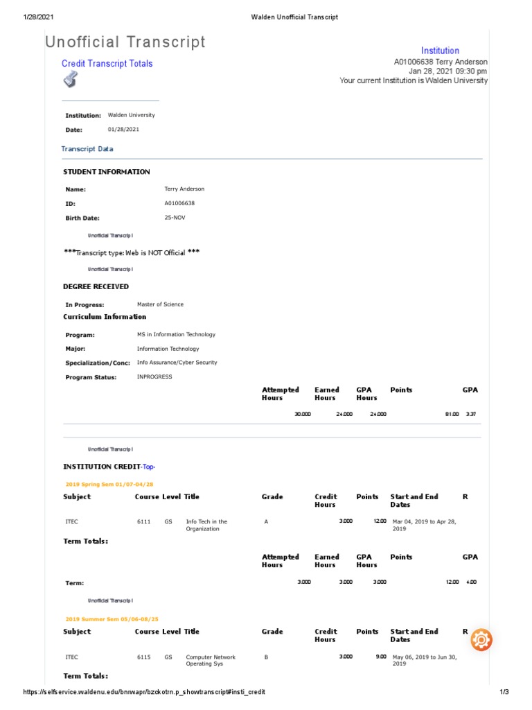 Walden Unofficial Transcript Anderson | PDF | Computing | Computing And ...