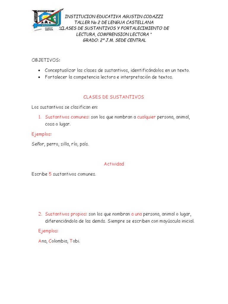Taller No 2 Clases de Sustantivos | PDF | Sustantivo | Comprensión lectora