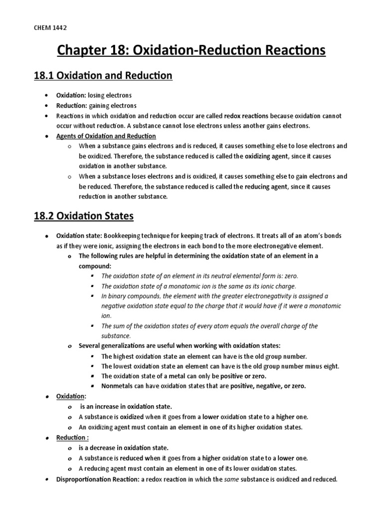 CH18 Oxidation-Reduction Reactions | PDF | Redox | Ion