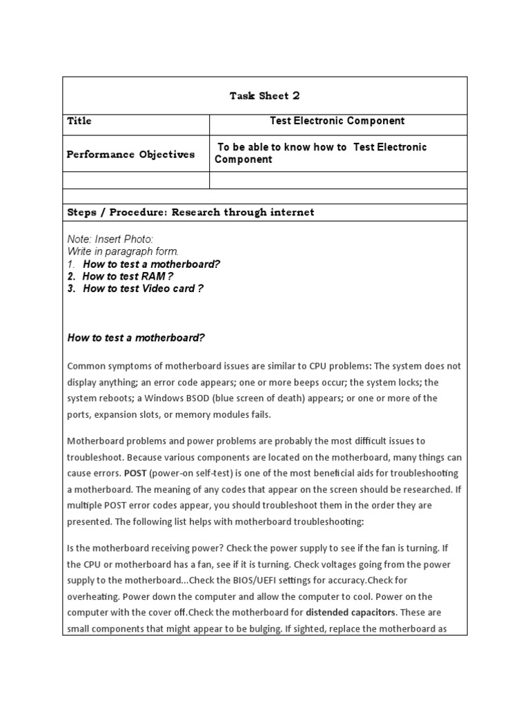 Task Sheet (MOTHERBOARD) | PDF | Troubleshooting | Electronics