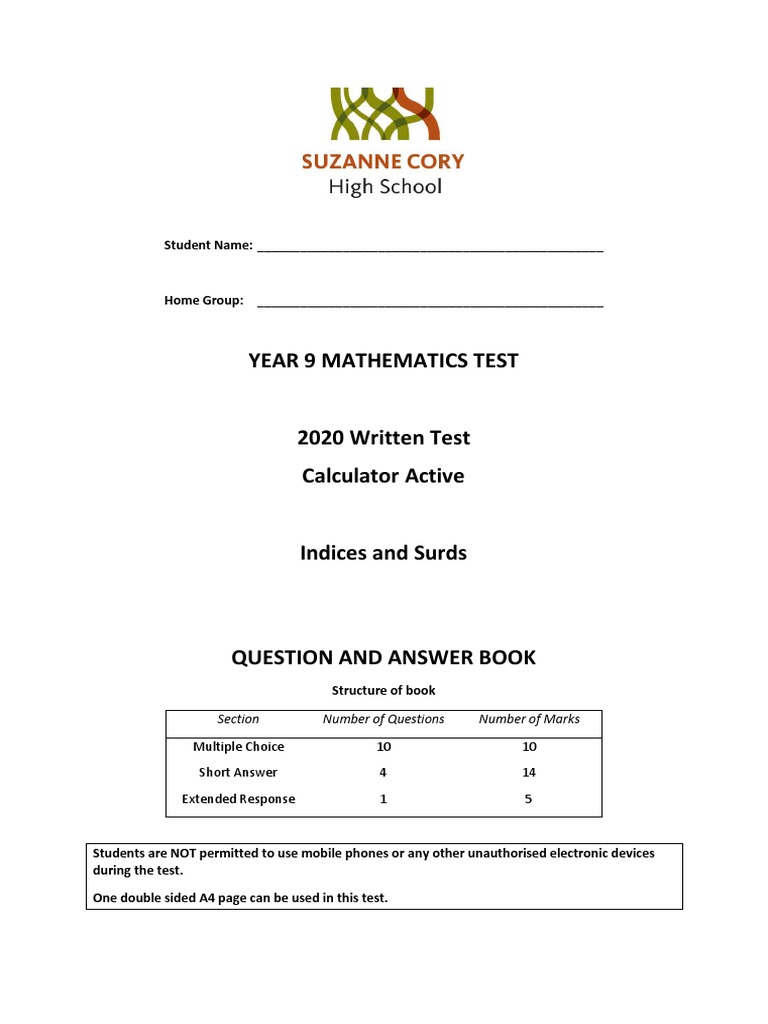 2020 Indices and Surds Test | PDF | Multiple Choice | Teaching Mathematics