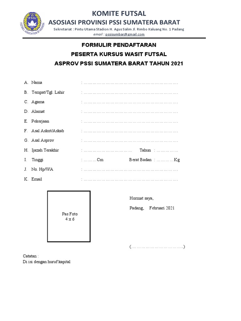 Formulir Pendaftaran Kursus Wasit Futsal | PDF