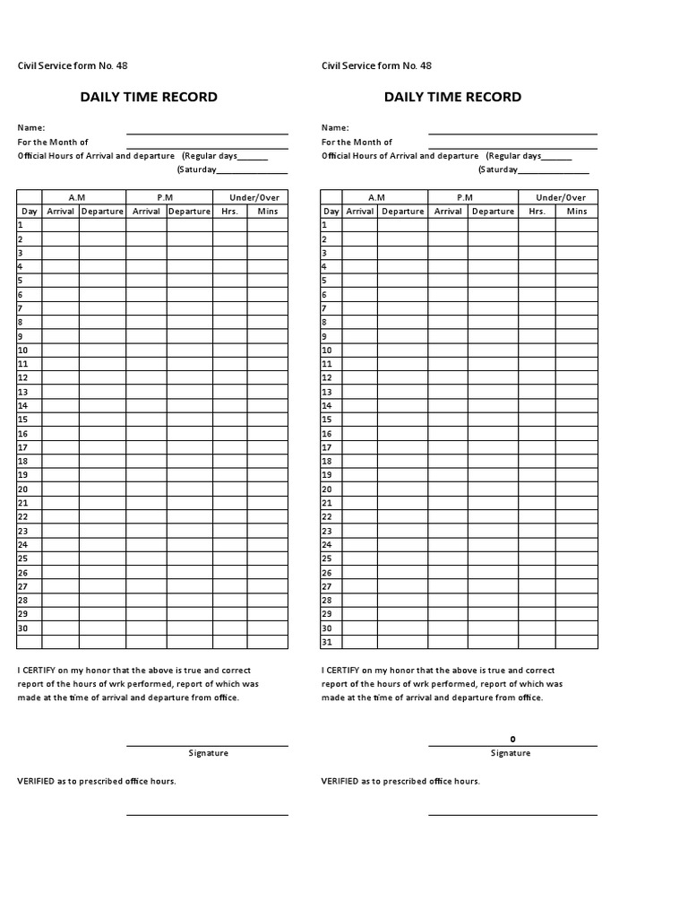 Daily Time Record Daily Time Record: Civil Service Form No. 48 Civil ...