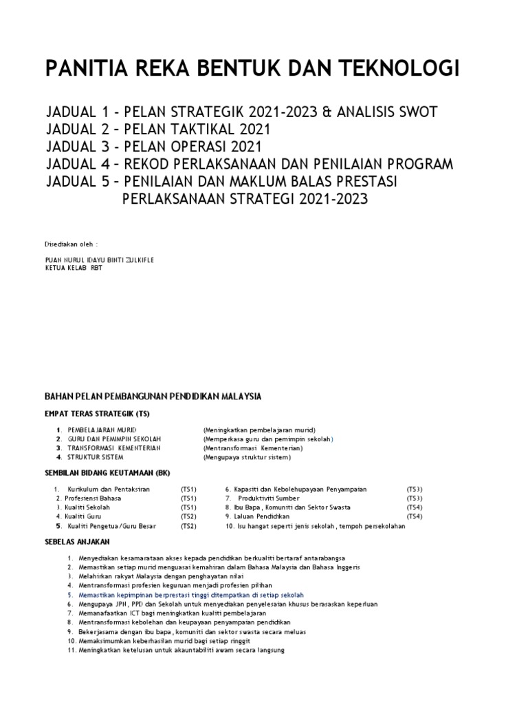 Perancangan Strategik RBT 2021-2023 | PDF