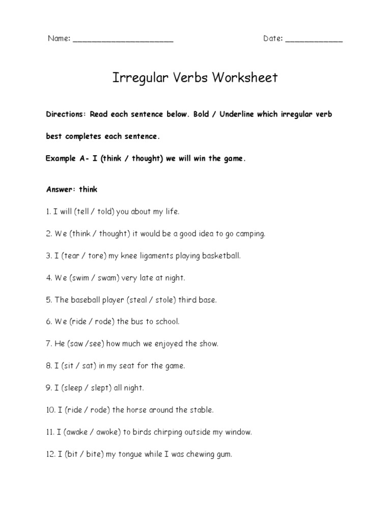 Irregular Verbs Worksheet | PDF