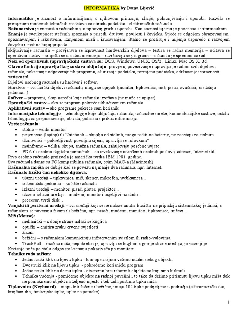 INFORMATIKA - Skripta by Ivana Lijović | PDF