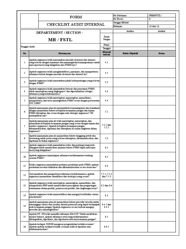 Form Check List Audit Internal-IsO 22000-2018 | PDF