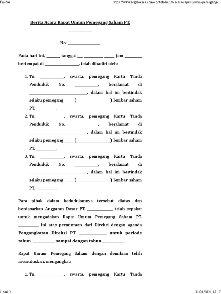 Contoh Berita Acara Rapat Umum Pemegang Saham (RUPS) Legal Akses | PDF ...