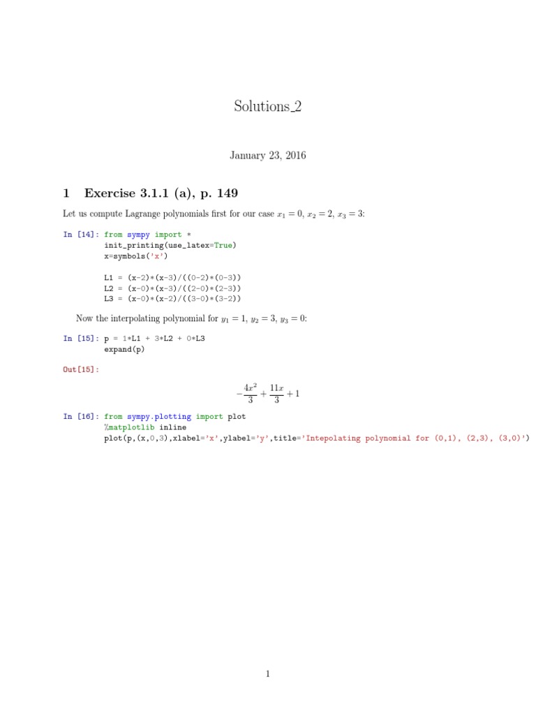 Solutions 2: 1 Exercise 3.1.1 (A), P. 149 | PDF | Interpolation ...