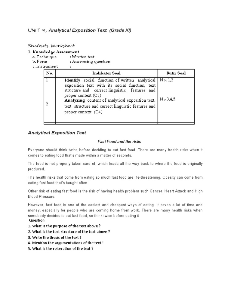 Analytical Exposition Worksheet for XI | PDF | Bullying | Violence