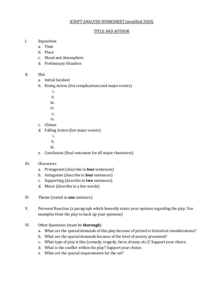 Script Analysis Worksheet 2020 | PDF