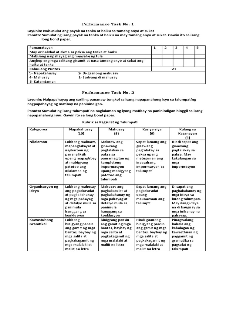 2nd Quarter Performance Tasks in Filipino 9 | PDF