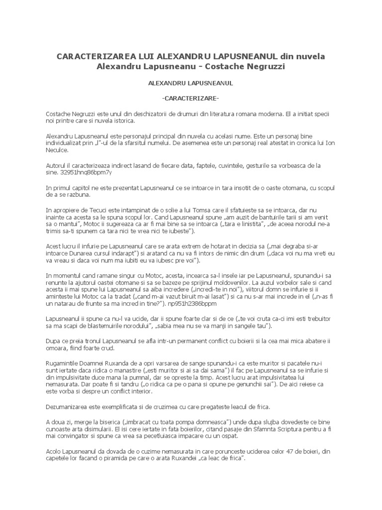 Caracterizare Alexandru Lapusneanu | PDF