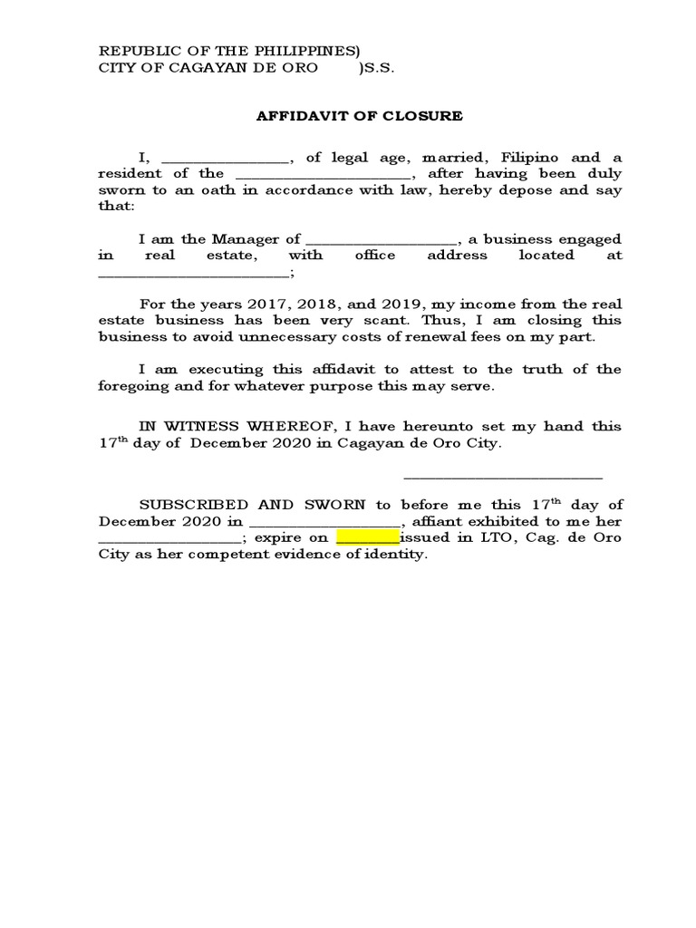 Affidavit of Closure Sample | PDF