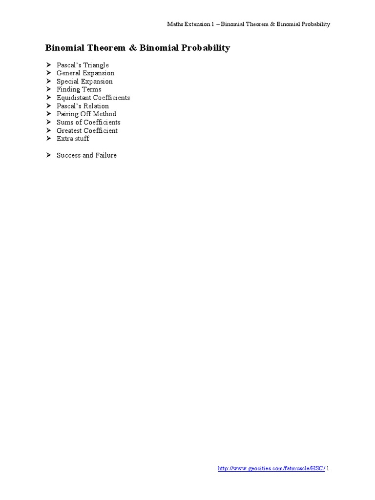 Maths Extension 1 - Binomial Theorem & Binomial Probability | PDF | Combinatorics | Discrete ...