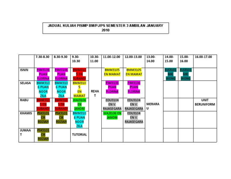 Jadual Kuliah PISMP BM/PJ/PS Sem 3 | PDF