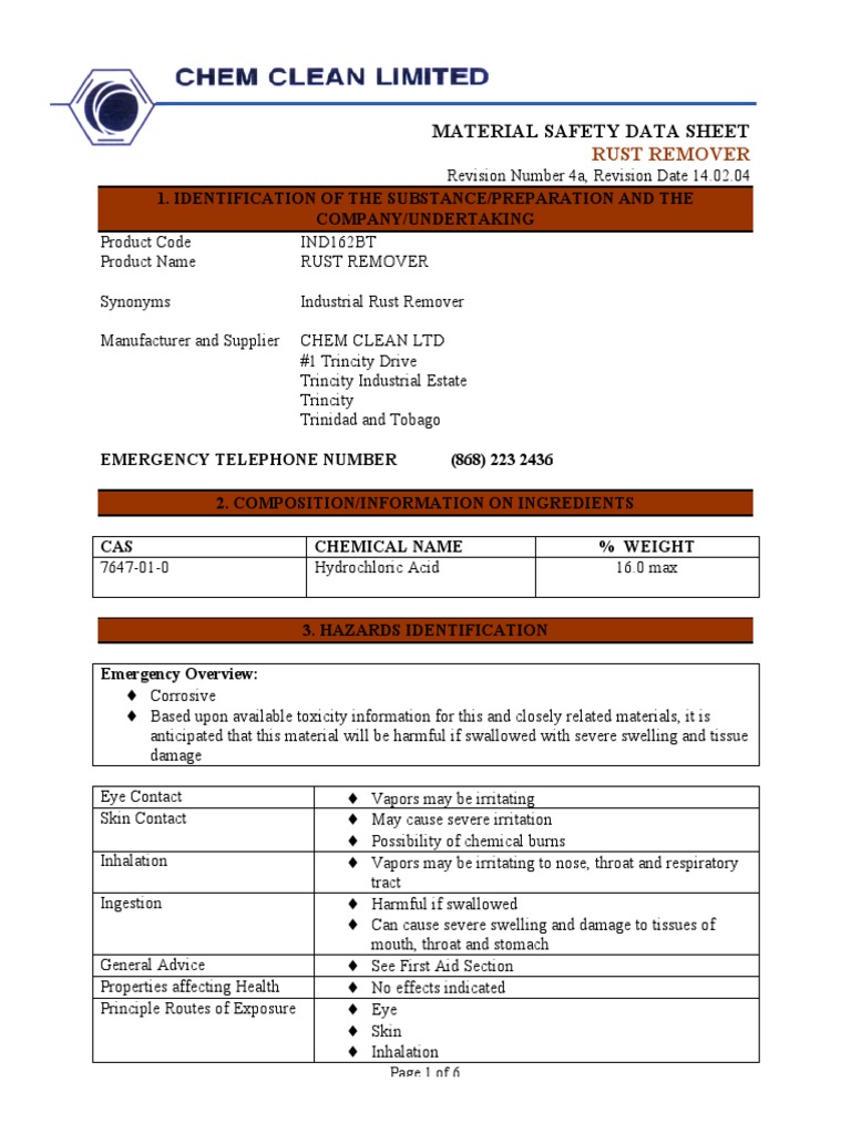 Rust Remover MSDS | PDF
