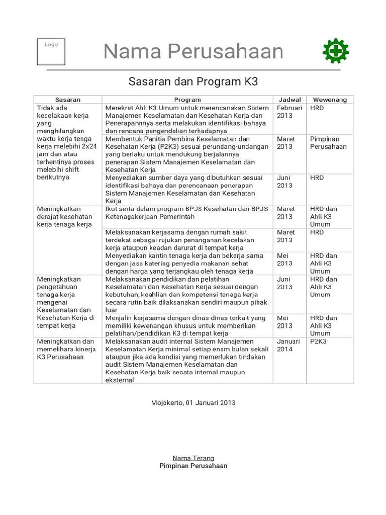 Sasaran Dan Program K3 Tahunan | PDF