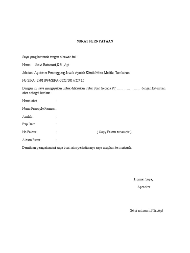 Surat Pernyataan Retur Obat | PDF
