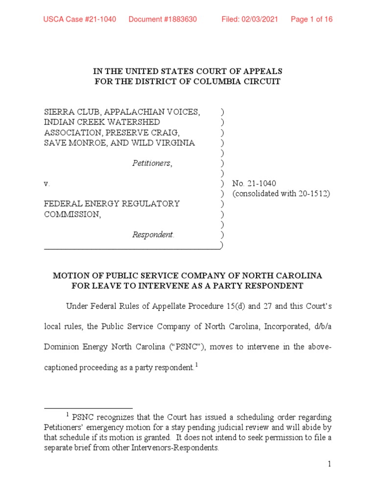 PSNC Intervention Motion in MVP DC FERC Case | PDF | Intervention (Law ...