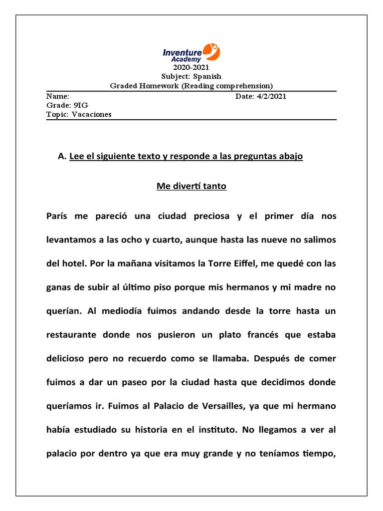 Comprensión de Lectura: Vacaciones en París | PDF | Viajes y turismo | Arte