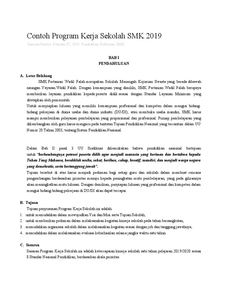 Contoh Program Kerja Sekolah SMK 2019 | PDF