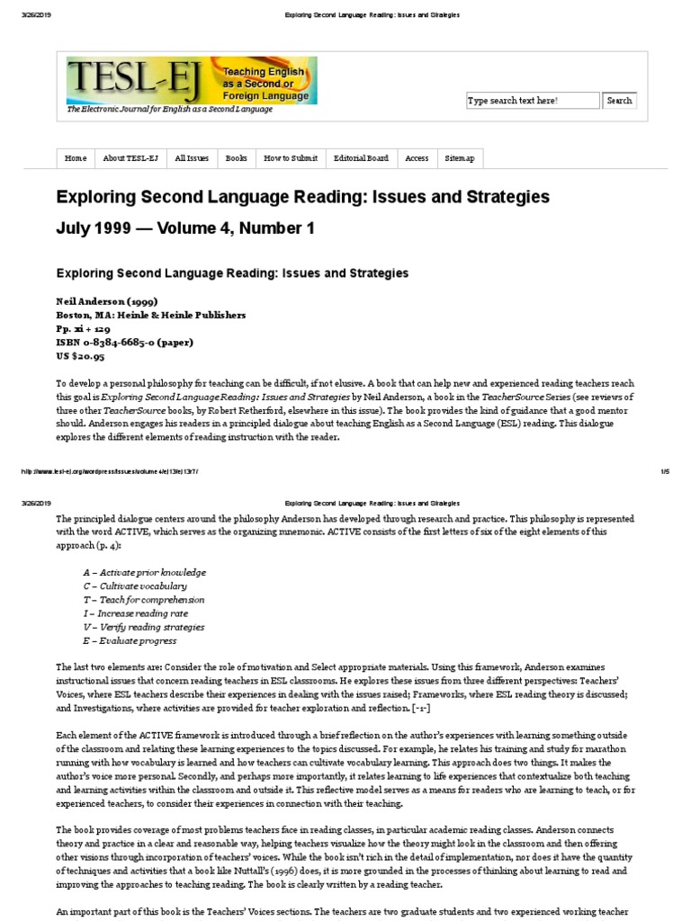 Anderson, 1999. Exploring Second Language Reading - Issues and Strategies | PDF | Reading ...