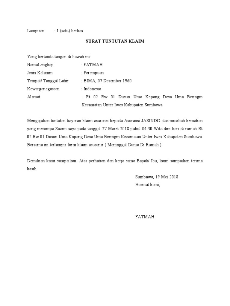 Surat Tuntutan Bayaran Klaim Asuransi | PDF