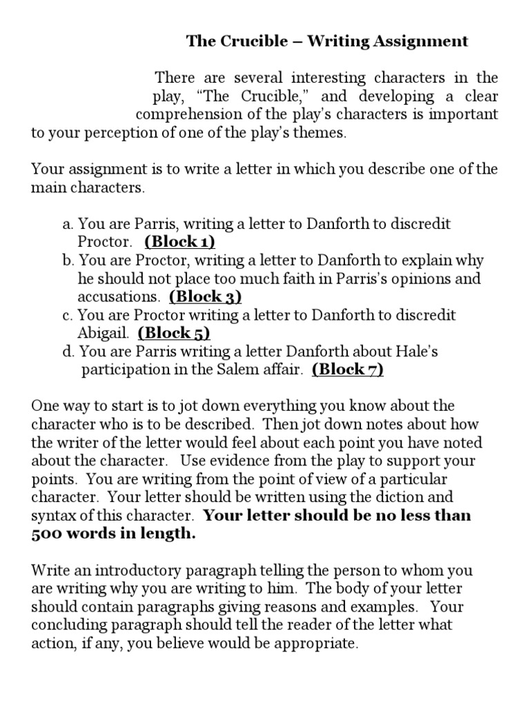 The Crucible Writing Assignment-Odd-Blocks | PDF | Linguistics | Human ...