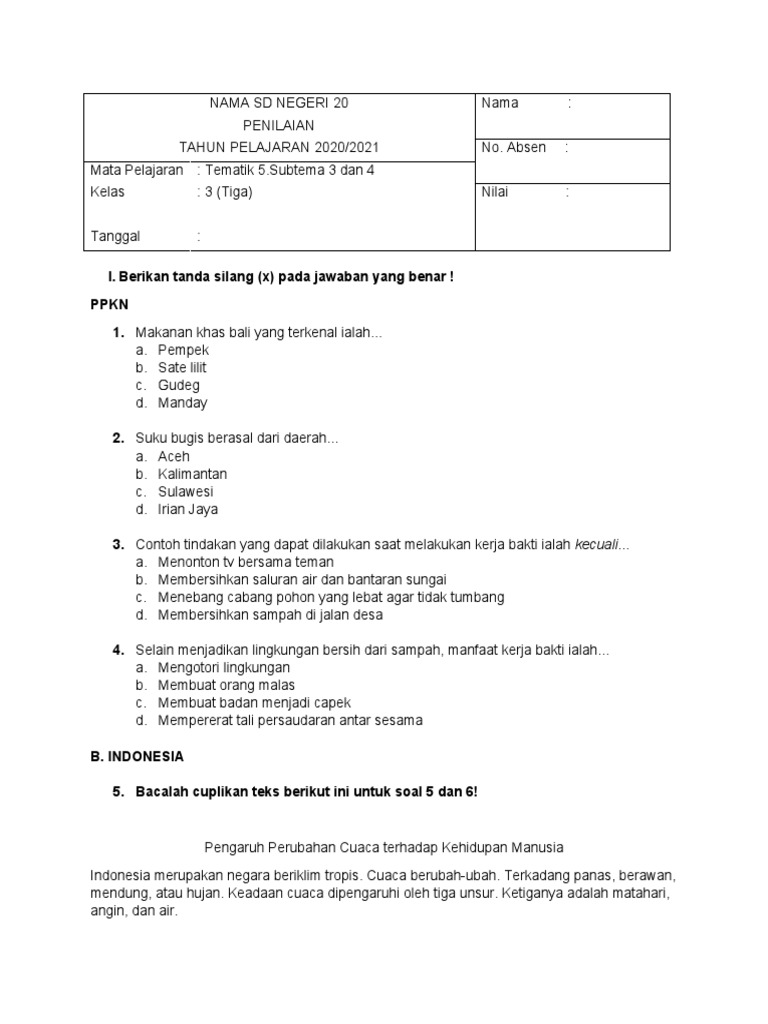 SOAL PTS KELAS 3 Hari Ke 2 (Tema 5 Sub 3 4) | PDF