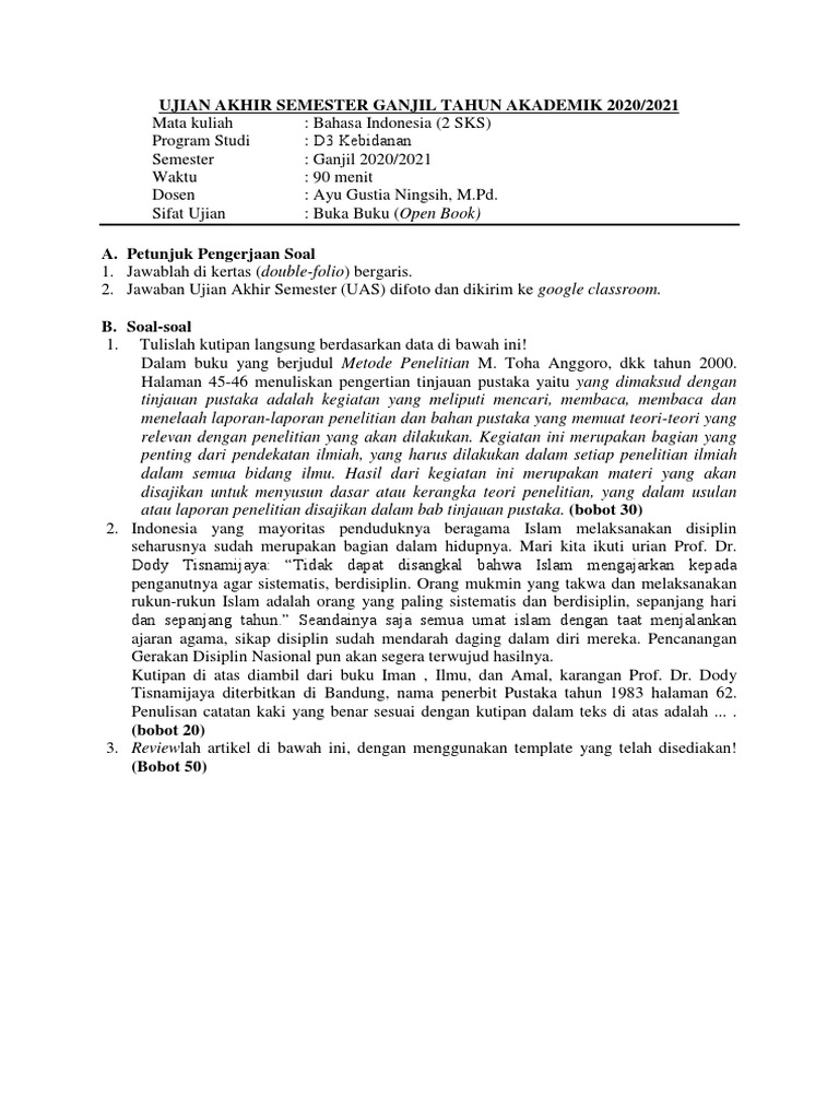 Soal UAS Bahasa Indonesia MIK 20-21 | PDF