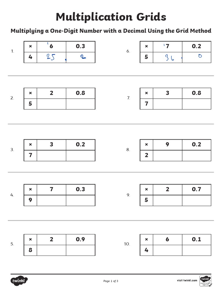 t2 M 4009 Multiplying A Onedigit Number With A Decimal Using The Grid ...